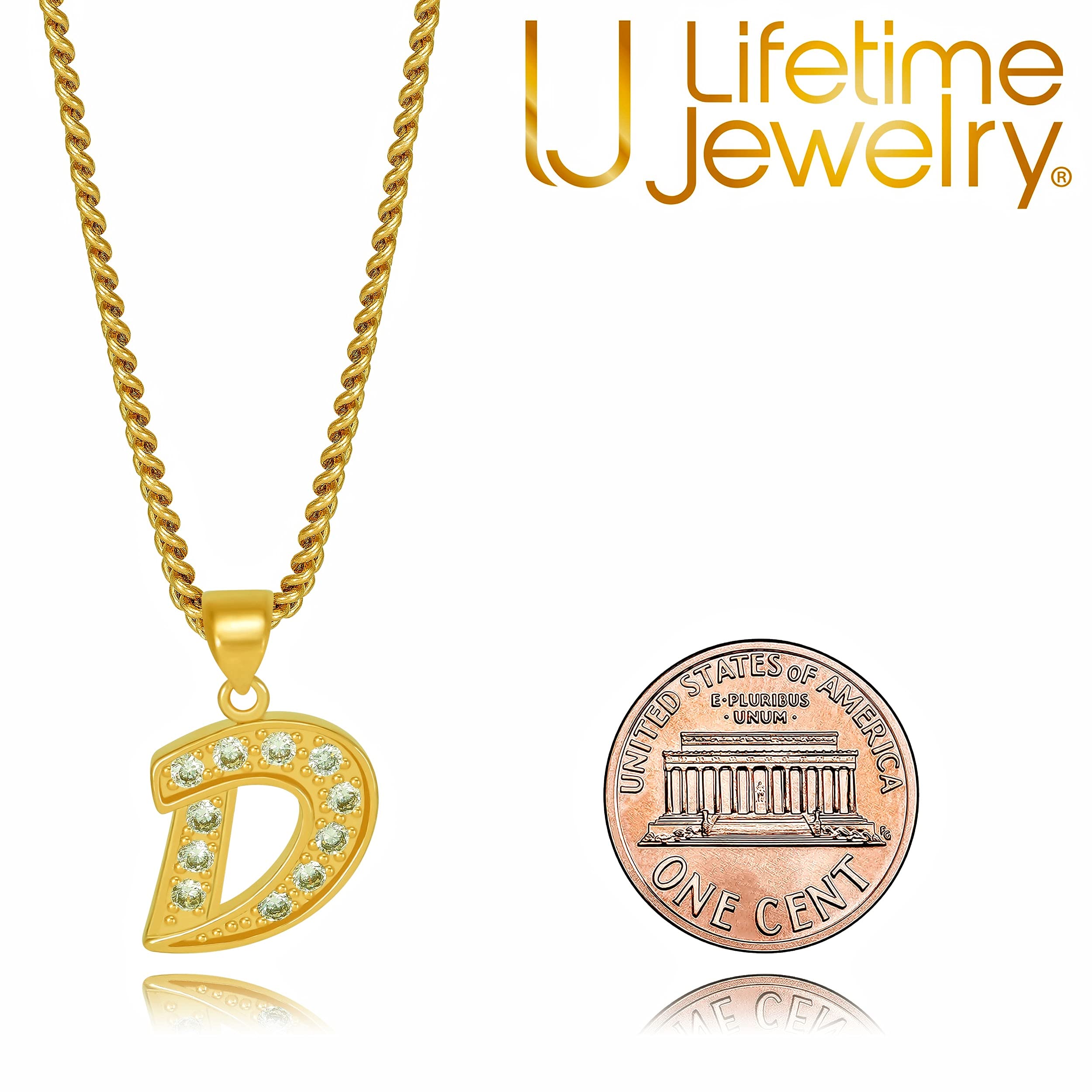 LIFETIME JEWELRY Small Initial Cubic Zirconia Letter Necklace Chain 24k Gold Plated (D - 7/8" Initial + 20" Necklace)