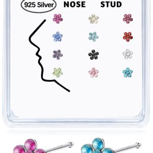 IRONBOX 12Pcs 22G Nose Studs for Women Men 925 Sterling Silver Inlaid 3MM Round Heart Flower Austrian Cubic Zirconia Nose Rings Stud Multicolor Nose Body Piercing Jewelry with Box