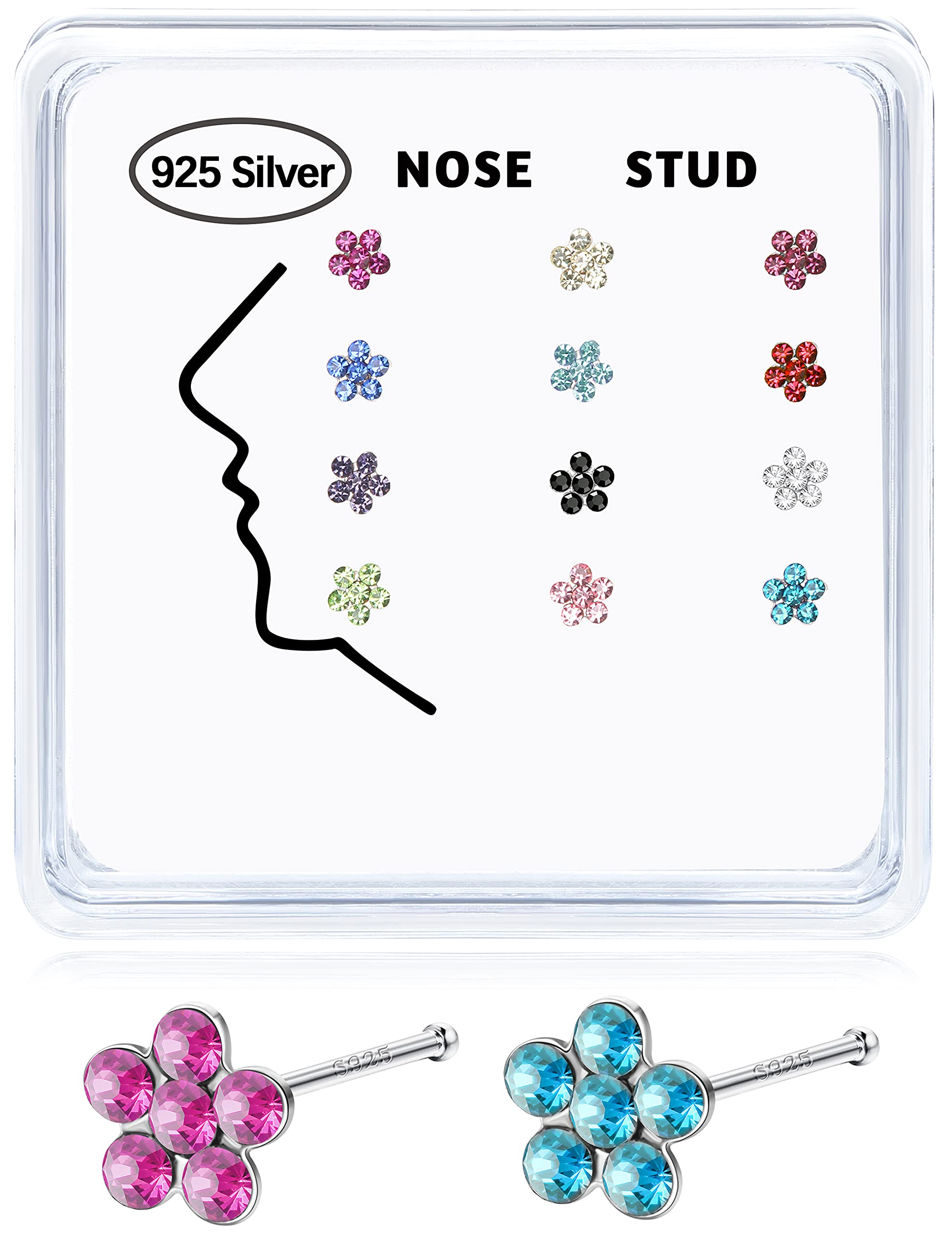 IRONBOX 12Pcs 22G Nose Studs for Women Men 925 Sterling Silver Inlaid 3MM Round Heart Flower Austrian Cubic Zirconia Nose Rings Stud Multicolor Nose Body Piercing Jewelry with Box