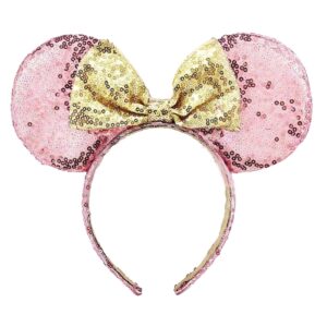 rcraje mouse ears bow headbands, mice sequin ears headbands for kids girls women, glitter party princess decoration cosplay birthday christmas party (pink)