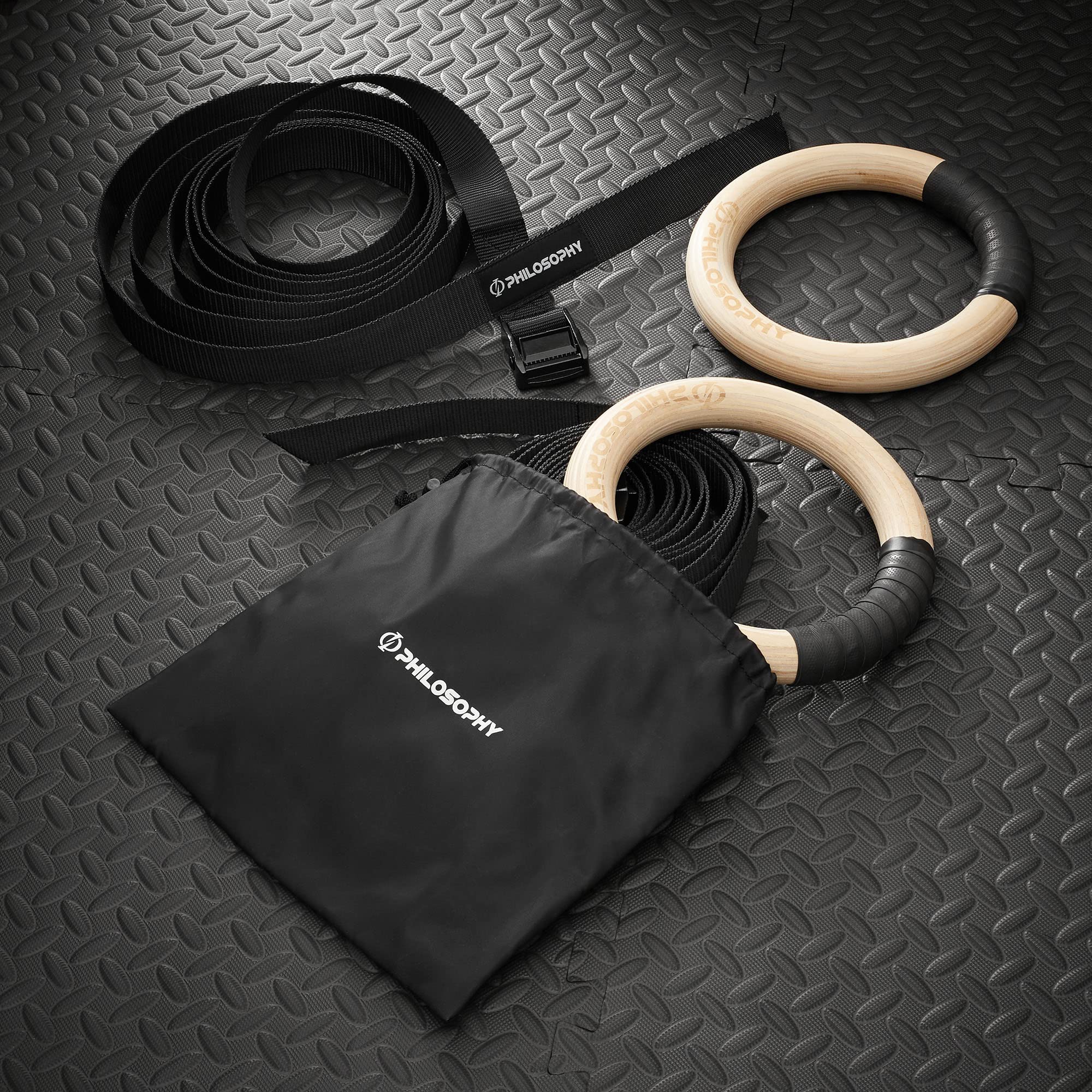 Philosophy Gym Wood Gymnastic Rings 1.25" Grip - Exercise Ring Set with Adjustable Straps, Grip Tape for Pull Ups, Dips, Muscle Ups