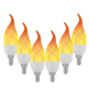 lpraer 6 pack e12 led flame effect light bulbs 3 modes flickering flame tip candelabra light bulbs warm white chandelier bulbs for easter halloween