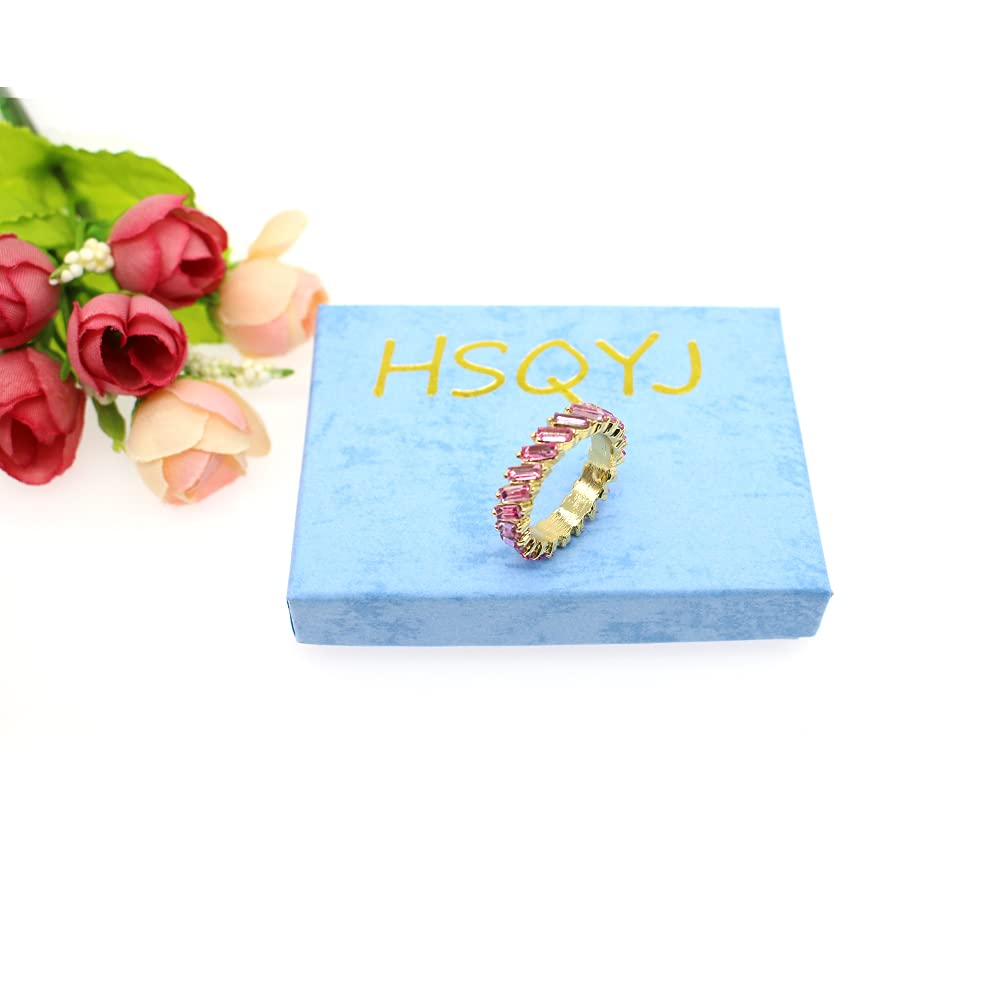 HSQYJ Rainbow Baguette Band Ring Eternity Band Cubic Zirconia Ring Gold Plated Fashion Luxury Jewelry Crystal Cocktail Rings for Women Gift