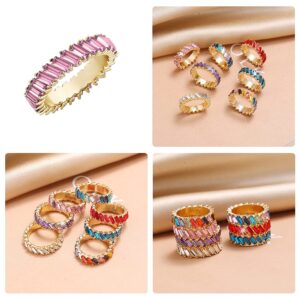 HSQYJ Rainbow Baguette Band Ring Eternity Band Cubic Zirconia Ring Gold Plated Fashion Luxury Jewelry Crystal Cocktail Rings for Women Gift