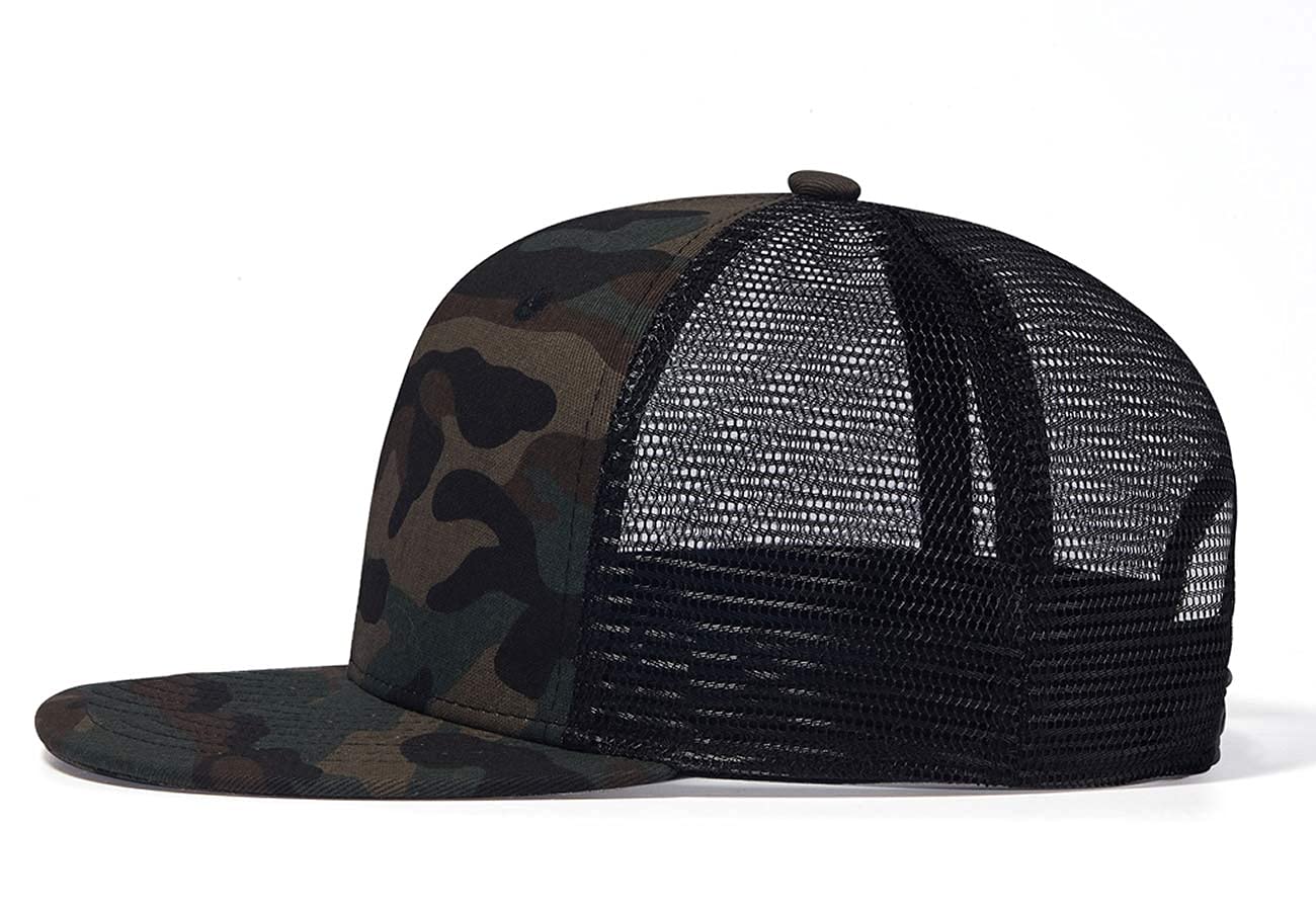 CNUSER Camouflage Trucker Hat Fashion Mesh Army Mens Women Flat Bill Snapback Hats - The Great Outdoors Adjustable Baseball Cap