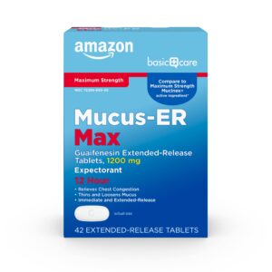 amazon basic care maximum strength chest congestion and mucus relief, guaifenesin extended-release tablets, 1200 mg, 42 count