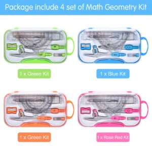 Coopay 4 Sets Math Geometry Kit, 10 Pieces Student Supplies Per Set Includes Ruler, Triangles, Protractor, Compass, Eraser, Pencil Sharpener, Lead Refills, Pencil, for Drafting and Drawings