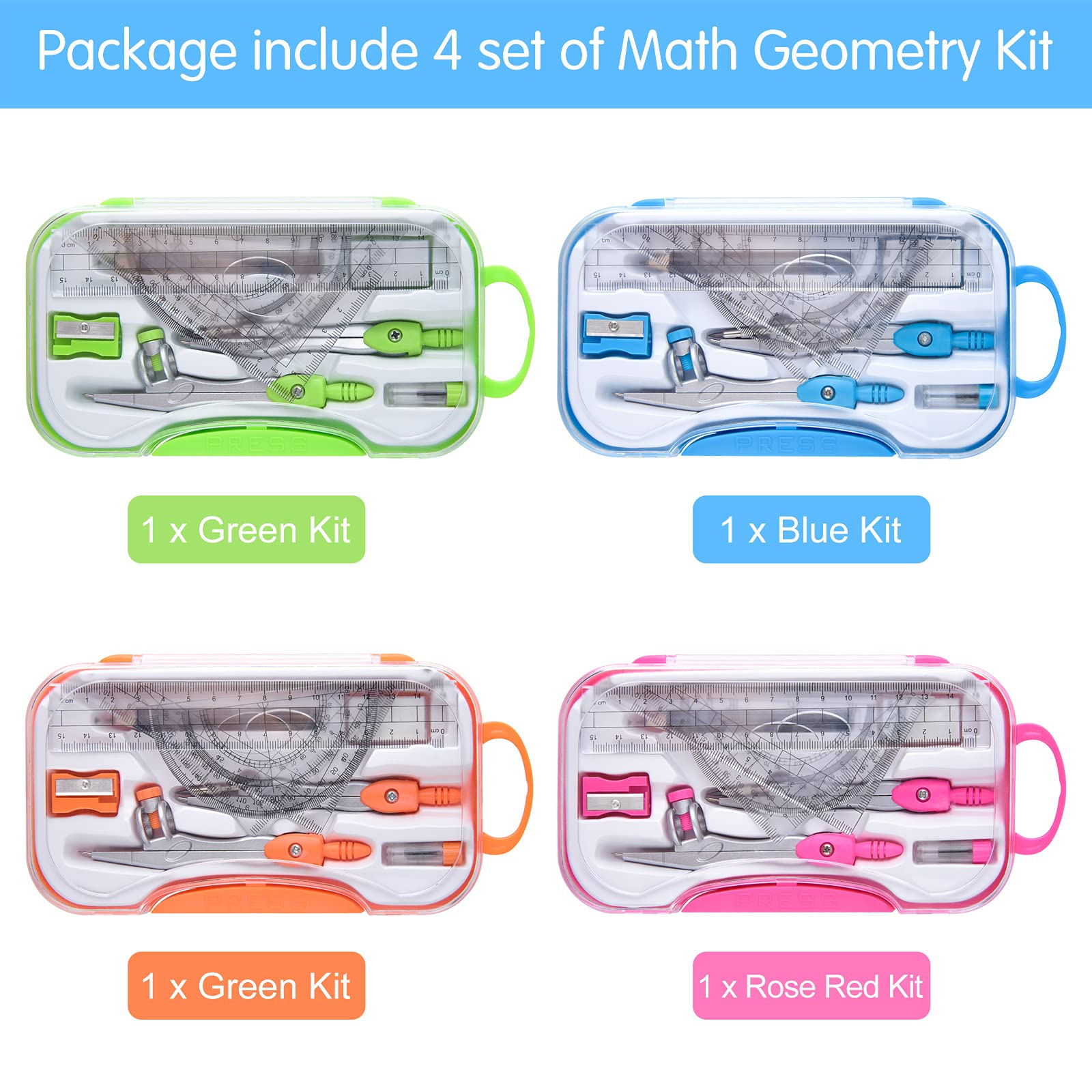 Coopay 4 Sets Math Geometry Kit, 10 Pieces Student Supplies Per Set Includes Ruler, Triangles, Protractor, Compass, Eraser, Pencil Sharpener, Lead Refills, Pencil, for Drafting and Drawings