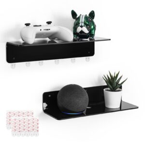 oaprire black acrylic floating shelves set of 2 - damage free expand wall space - 12 inch wall shelves with strong adhesive for bathroom, bedroom, etc