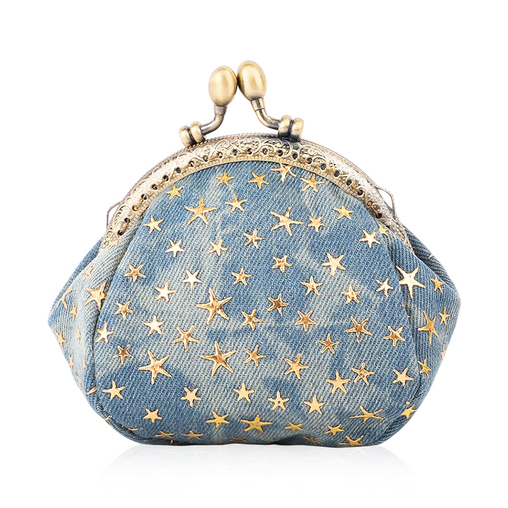 Oyachic Five Pointed Star Coin Purse Denim Change Pouch Wallets Buckle with Kisslock Clasp Coin Holder Clutch Handbags for Women Ladies,Blue