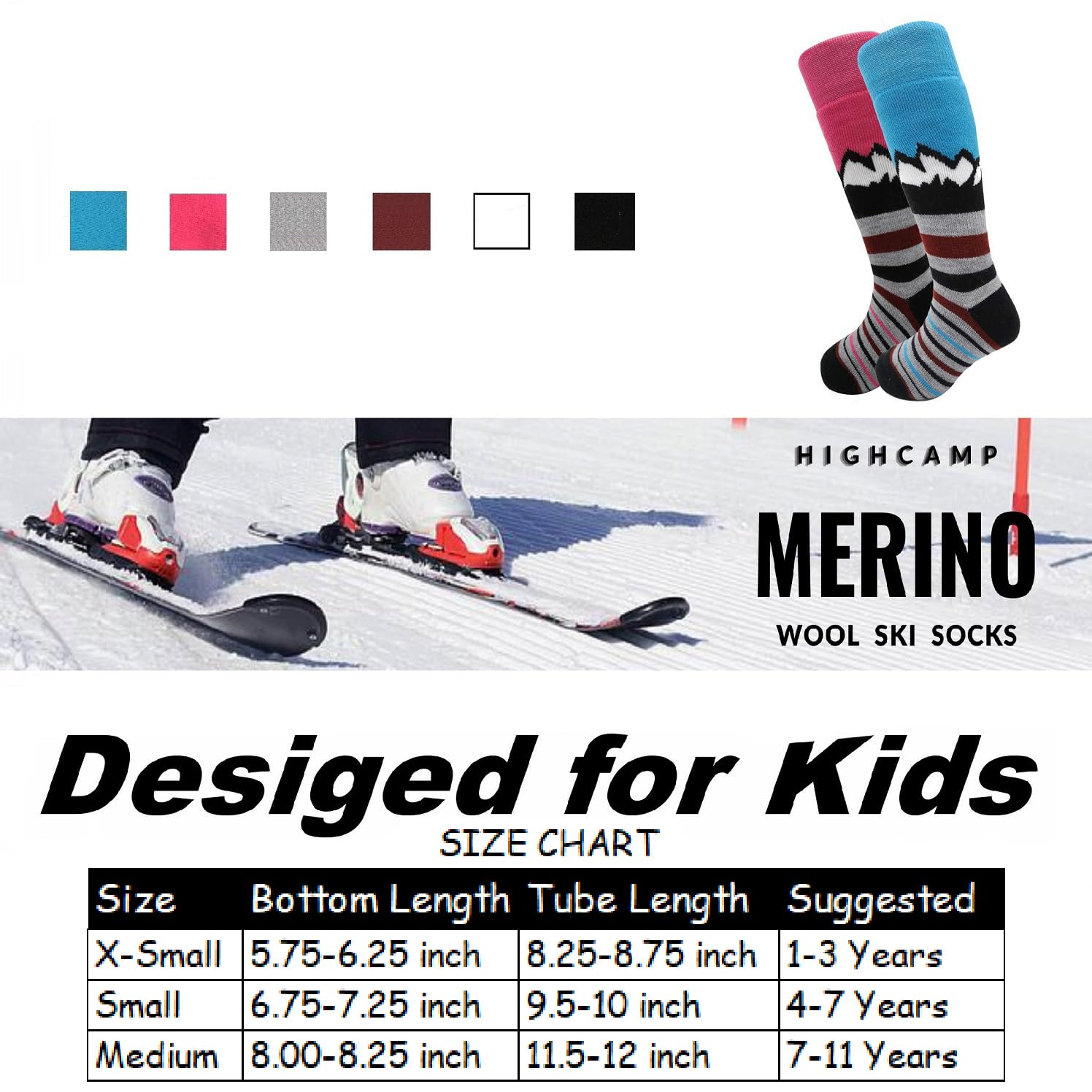 HIGHCAMP 2 Pairs Kids Merino Wool Ski Snowboard Socks Boy Girl Toddler Snow Socks/Alps Pink, M