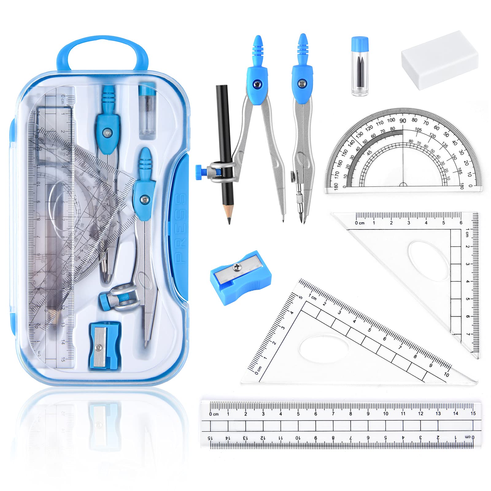 Coopay 4 Sets Math Geometry Kit, 10 Pieces Student Supplies Per Set Includes Ruler, Triangles, Protractor, Compass, Eraser, Pencil Sharpener, Lead Refills, Pencil, for Drafting and Drawings