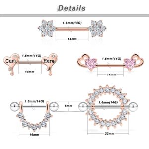 Ocptiy Nipple Rings Piercing Jewelry 14G Stainless Surgical Steel Cubic Zirconia Diamond Heart Hypoallergenic Nipple Tongue Nipplering Rings Hoops Barbell Bar Piercing Jewelry Retaine Women Rose Gold