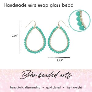 Bohemian Boho Teardrop Dangle Drop Earrings for Women – Delicate - Handcrafted Wire Wrapped Colorful Faceted Glass Beads – Gold Plated – with Gift Box Included (Mint Alabaster Teal)