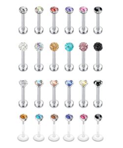 suprsparkle 24 pcs 16g hypoallergenic stainless steel lip monroe medusa labret jewelry with 3mm cubic zirconia for women men forward helix earrings cartilage tragus earrings stud piercing jewelry8mm