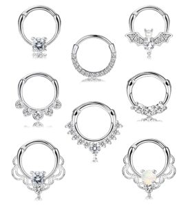 suprsparkle septum clicker rings 16g stainless steel cz hinged segment rings cartilage tragus hoop helix daith earrings nose piercing jewelry 10mm 8 pieces silver