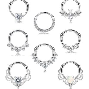 Suprsparkle Septum Clicker Rings 16G Stainless Steel CZ Hinged Segment Rings Cartilage Tragus Hoop Helix Daith Earrings Nose Piercing Jewelry 10MM 8 Pieces Silver