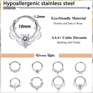 Suprsparkle Septum Clicker Rings 16G Stainless Steel CZ Hinged Segment Rings Cartilage Tragus Hoop Helix Daith Earrings Nose Piercing Jewelry 10MM 8 Pieces Silver