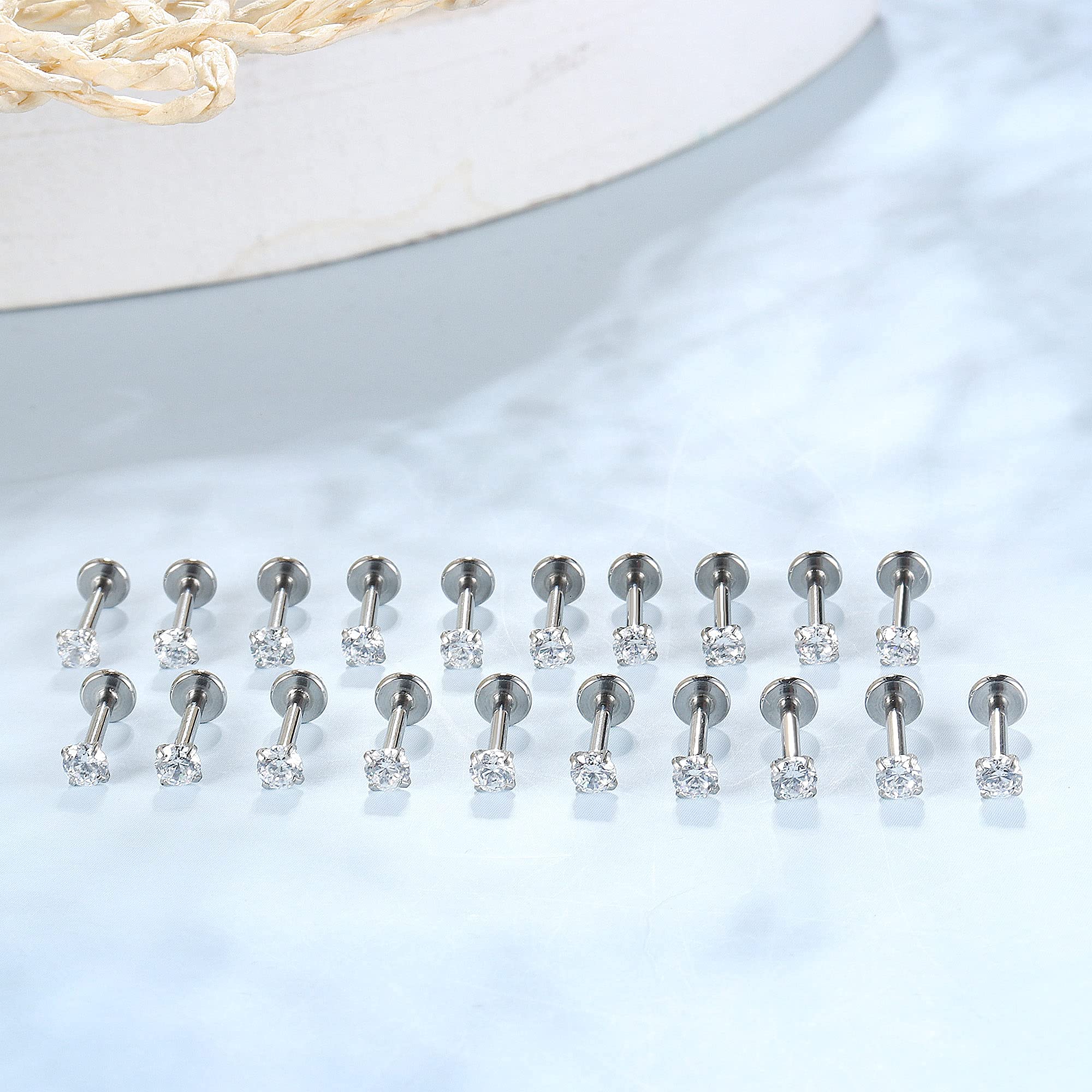 Helicopchain 20Pcs 16G Hypoallergenic Stainless Steel Lip Studs Labret Piercing With 3mm CZ Cartilage Tragus Helix Monroe Piercing Stud Jewelry 6mm 8mm 10mm