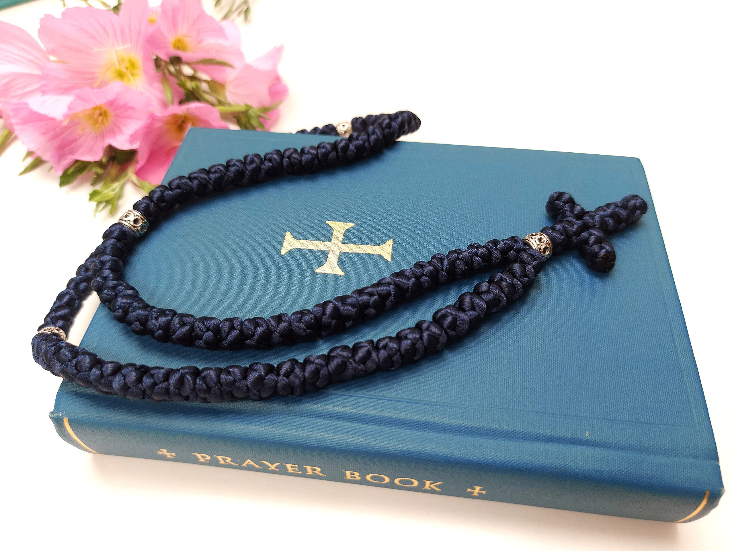 Monastery Vodoca Christian 100-knot Prayer Rope ǀ Smooth Silk Satin Cord (Navy Blue)