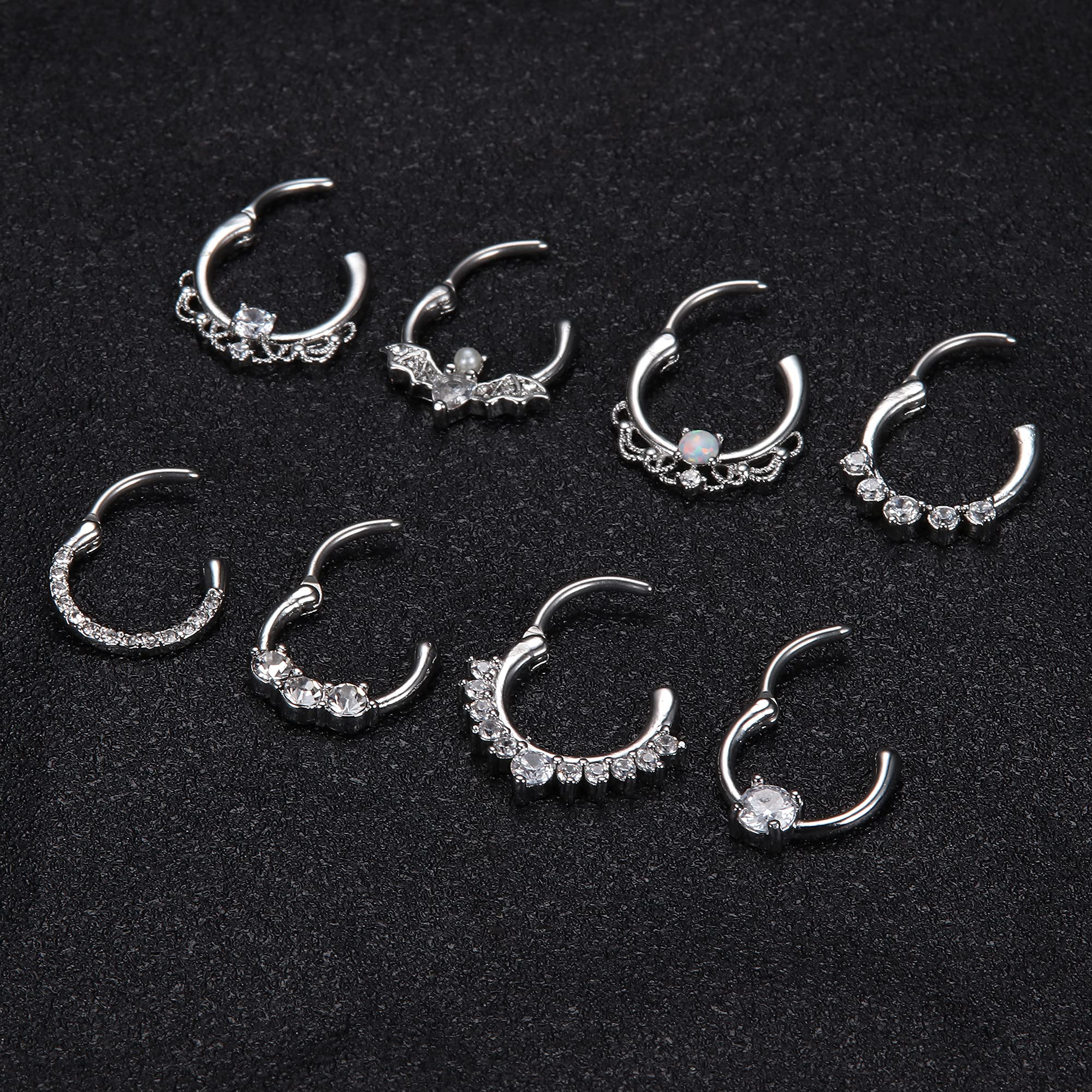 Suprsparkle Septum Clicker Rings 16G Stainless Steel CZ Hinged Segment Rings Cartilage Tragus Hoop Helix Daith Earrings Nose Piercing Jewelry 10MM 8 Pieces Silver