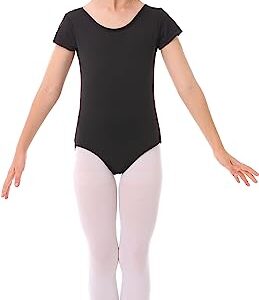 MdnMd Leotards for Girls Kids Dance Ballet Gymnastic Outfit Short Sleeve with Cross Back Detail (Black, Age 6-7)