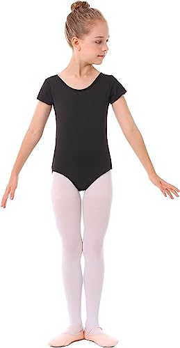 MdnMd Leotards for Girls Kids Dance Ballet Gymnastic Outfit Short Sleeve with Cross Back Detail (Black, Age 6-7)