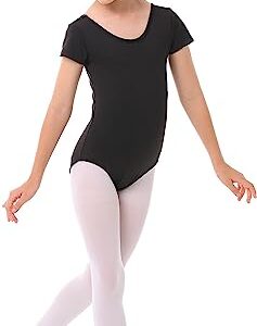 MdnMd Leotards for Girls Kids Dance Ballet Gymnastic Outfit Short Sleeve with Cross Back Detail (Black, Age 6-7)