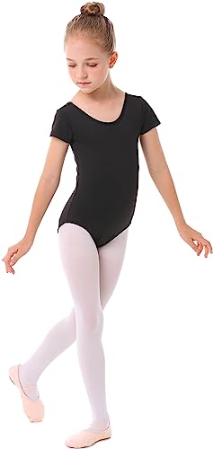 MdnMd Leotards for Girls Kids Dance Ballet Gymnastic Outfit Short Sleeve with Cross Back Detail (Black, Age 6-7)