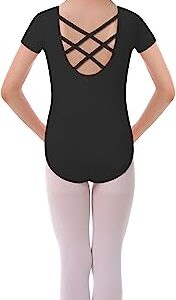 MdnMd Leotards for Girls Kids Dance Ballet Gymnastic Outfit Short Sleeve with Cross Back Detail (Black, Age 6-7)