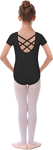 MdnMd Leotards for Girls Kids Dance Ballet Gymnastic Outfit Short Sleeve with Cross Back Detail (Black, Age 6-7)