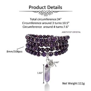 Jovivi 108 Mala Beads Bracelet 8mm Natural Amethyst Healing Crystal Stone Mala Prayer Bead Necklace Hexagonal Prism Gemstone Reiki Pointed Pendant for Yoga Meditation Energy Balancing