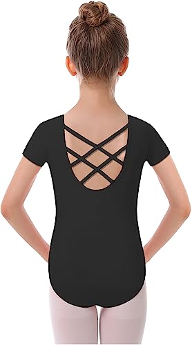 MdnMd Leotards for Girls Kids Dance Ballet Gymnastic Outfit Short Sleeve with Cross Back Detail (Black, Age 6-7)