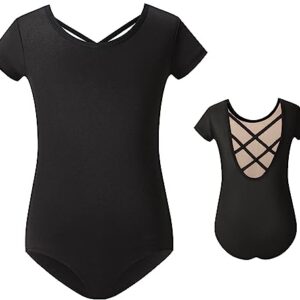 MdnMd Leotards for Girls Kids Dance Ballet Gymnastic Outfit Short Sleeve with Cross Back Detail (Black, Age 6-7)