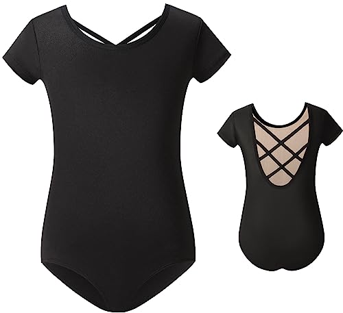 MdnMd Leotards for Girls Kids Dance Ballet Gymnastic Outfit Short Sleeve with Cross Back Detail (Black, Age 6-7)