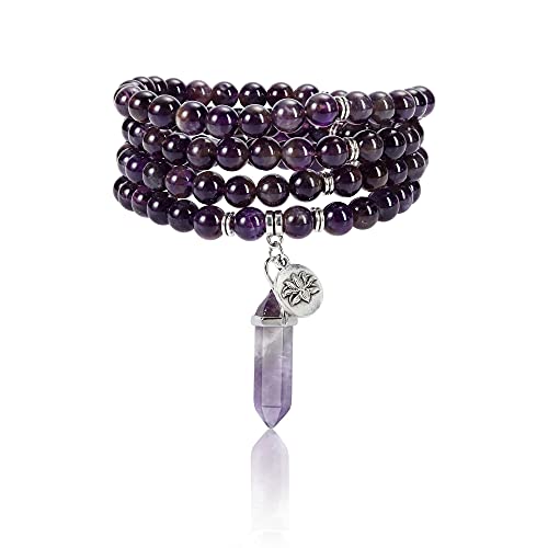 Jovivi 108 Mala Beads Bracelet 8mm Natural Amethyst Healing Crystal Stone Mala Prayer Bead Necklace Hexagonal Prism Gemstone Reiki Pointed Pendant for Yoga Meditation Energy Balancing