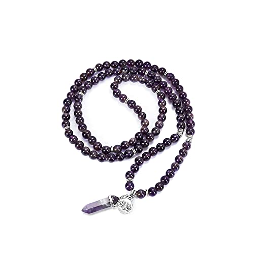 Jovivi 108 Mala Beads Bracelet 8mm Natural Amethyst Healing Crystal Stone Mala Prayer Bead Necklace Hexagonal Prism Gemstone Reiki Pointed Pendant for Yoga Meditation Energy Balancing