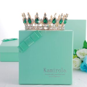 Kamirola Vintage Royal Queen Teardrop Rhinestone Diadem Tiaras Crown Pageant Prom Diadem Bride Wedding Hair Jewelry Accessories (Green-gold)