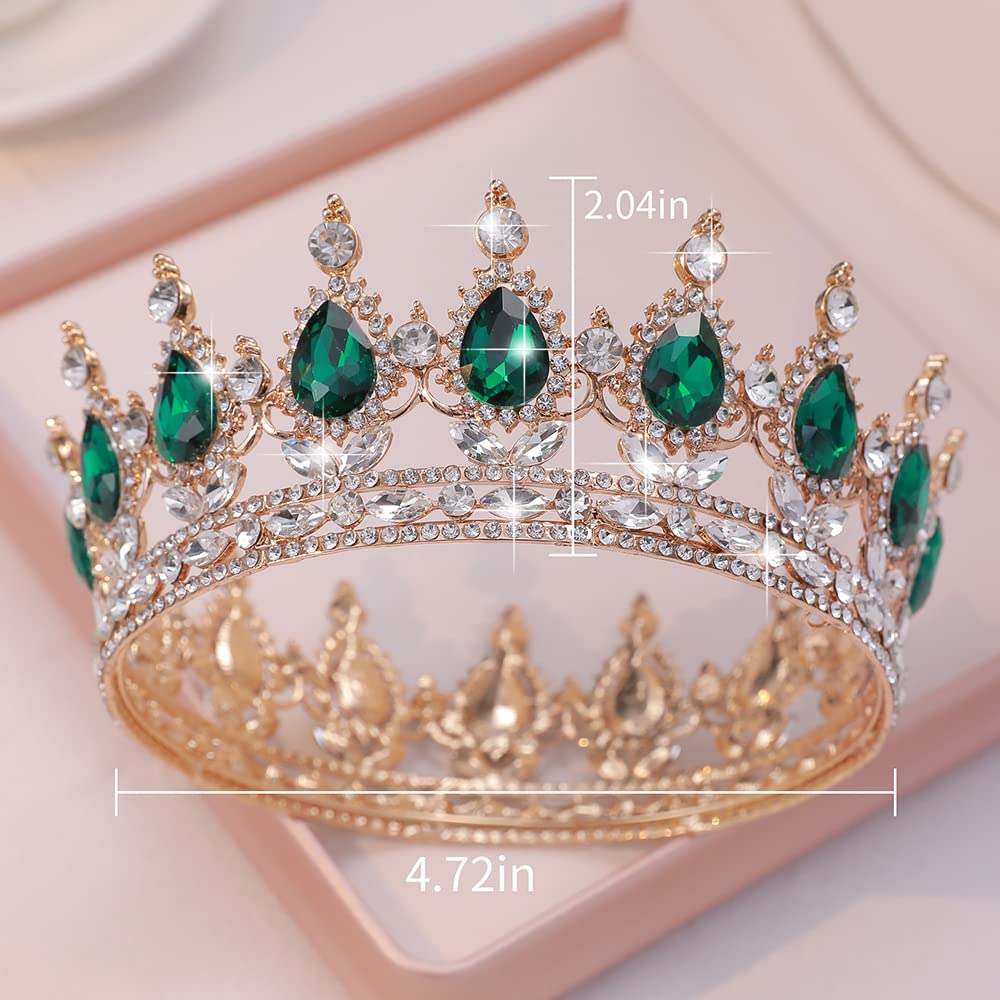 Kamirola Vintage Royal Queen Teardrop Rhinestone Diadem Tiaras Crown Pageant Prom Diadem Bride Wedding Hair Jewelry Accessories (Green-gold)