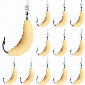 toolsside 1 dozen rubber maggots fishing bait #10 (12 pcs) crappie jigs, fishing maggots, bulk fishing grubs for trout, crappie, pan fish, bluegill, fresh water fishing lures set (hooks and worms)