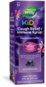 nature’s way sambucus kids cough relief +** immune syrup*, feel better faster**, clinically proven south african geranium, with elderberry extract, vitamin c & zinc, 8 oz (packaging may vary)