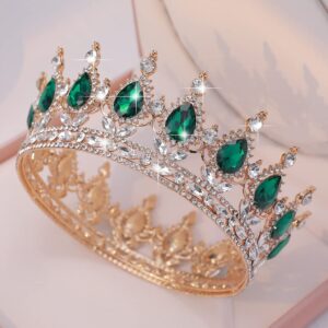 Kamirola Vintage Royal Queen Teardrop Rhinestone Diadem Tiaras Crown Pageant Prom Diadem Bride Wedding Hair Jewelry Accessories (Green-gold)