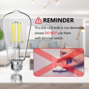 VOOSEI Daylight Bulbs 4000K LED E26 60W, 6W Equivalent to 60W Edison High Brightness ST58 Antique Non-Dimmable Filament Bulbs Clear Glass Pack of 6