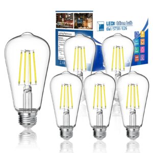 voosei daylight bulbs 4000k led e26 60w, 6w equivalent to 60w edison high brightness st58 antique non-dimmable filament bulbs clear glass pack of 6