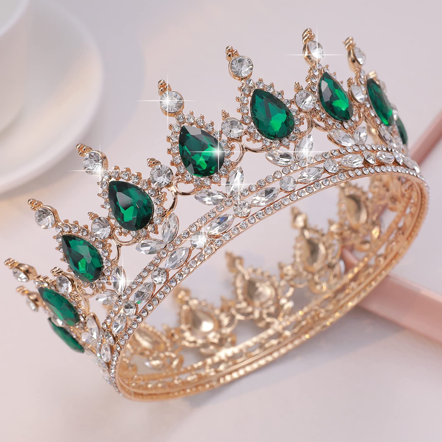 Kamirola Vintage Royal Queen Teardrop Rhinestone Diadem Tiaras Crown Pageant Prom Diadem Bride Wedding Hair Jewelry Accessories (Green-gold)