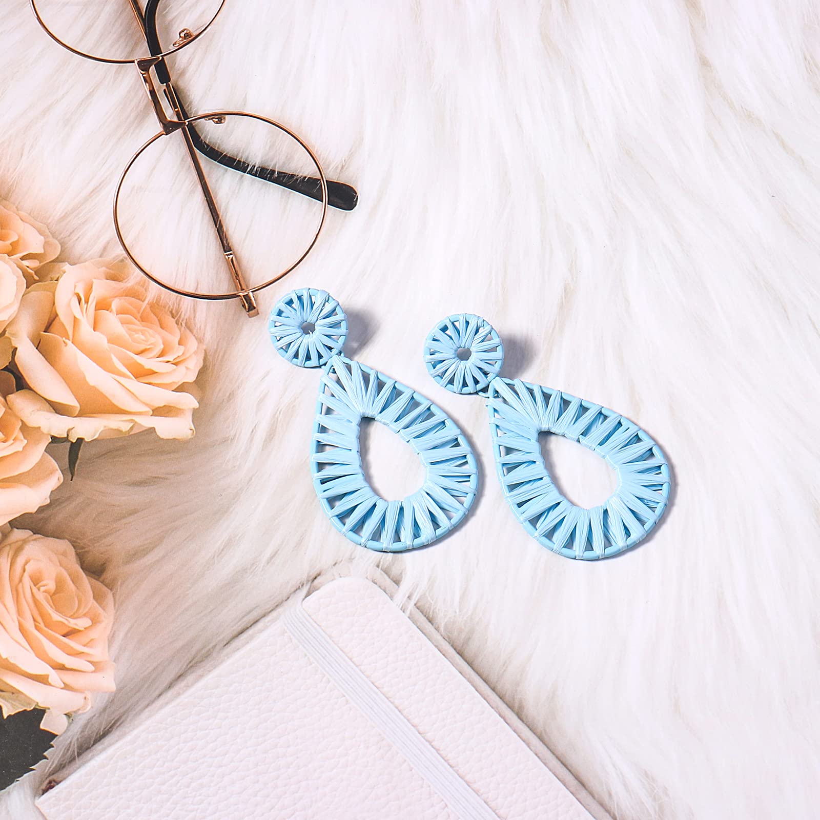 Boho Raffia Earrings Statement Teardrop Earrings Drop Dangle Bohemian Earrings for Women Cute Handmade Earring(Light Blue)