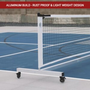 Dominator Indoor/Outdoor Portable Pickleball Net, Constructed of Rust Proof Aluminum Frame - includes Rolling Carry Bag, Locking Rollers