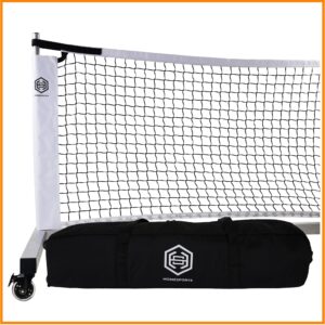 dominator indoor/outdoor portable pickleball net, constructed of rust proof aluminum frame - includes rolling carry bag, locking rollers