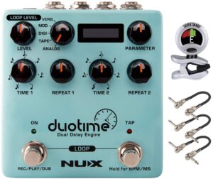 nux duotime stereo delay pedal bundle with silver snark tuner and 3 mxr patch cables