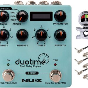 NUX Duotime Stereo Delay Pedal Bundle with Silver Snark Tuner and 3 MXR Patch Cables